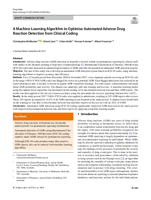 Pdf A Machine Learning Algorithm To Optimise Automated Adverse Drug