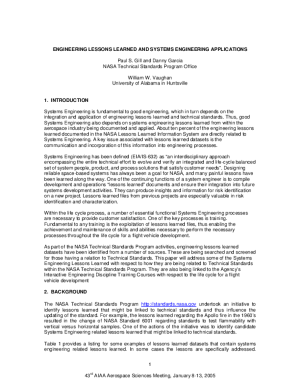 (PDF) Engineering Lessons Learned and Systems Engineering Applications
