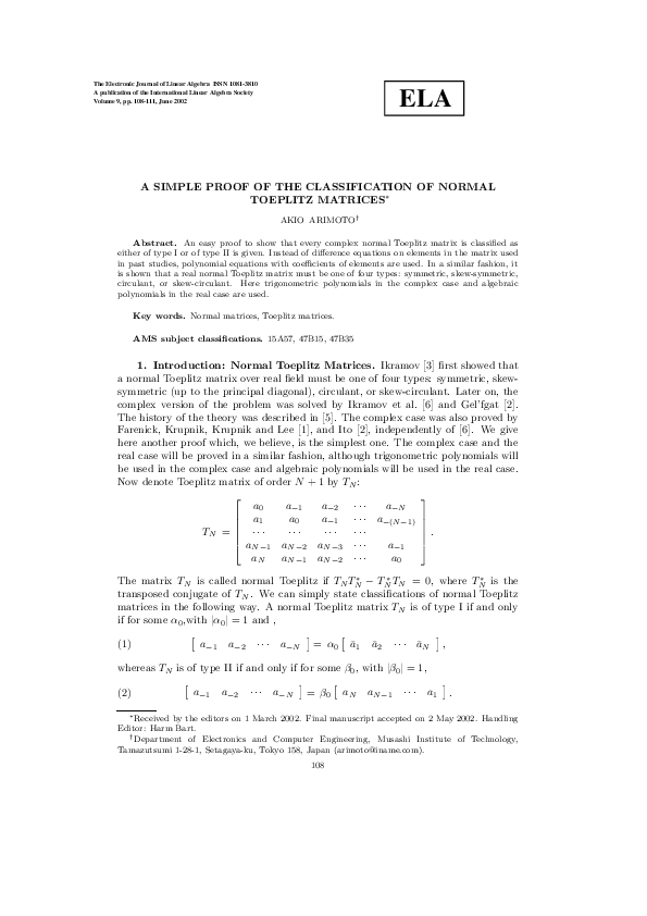 (PDF) A simple proof of the classification of normal Toeplitz matrices