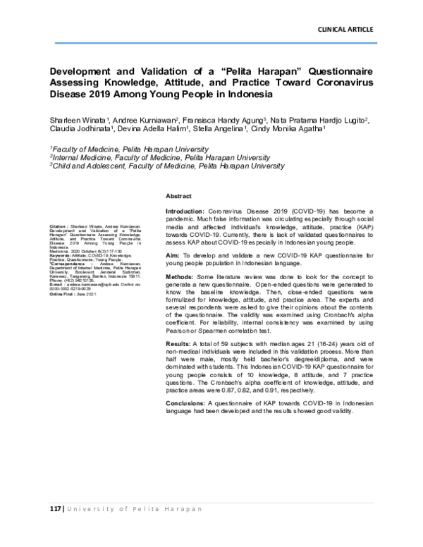(PDF) Development and Validation of a “Pelita Harapan” Questionnaire Assessing Knowledge ...