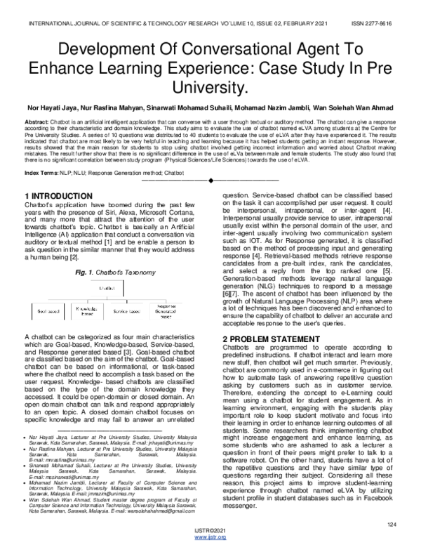 (PDF) Development Of Conversational Agent To Enhance Learning Experience: Case Study In Pre ...