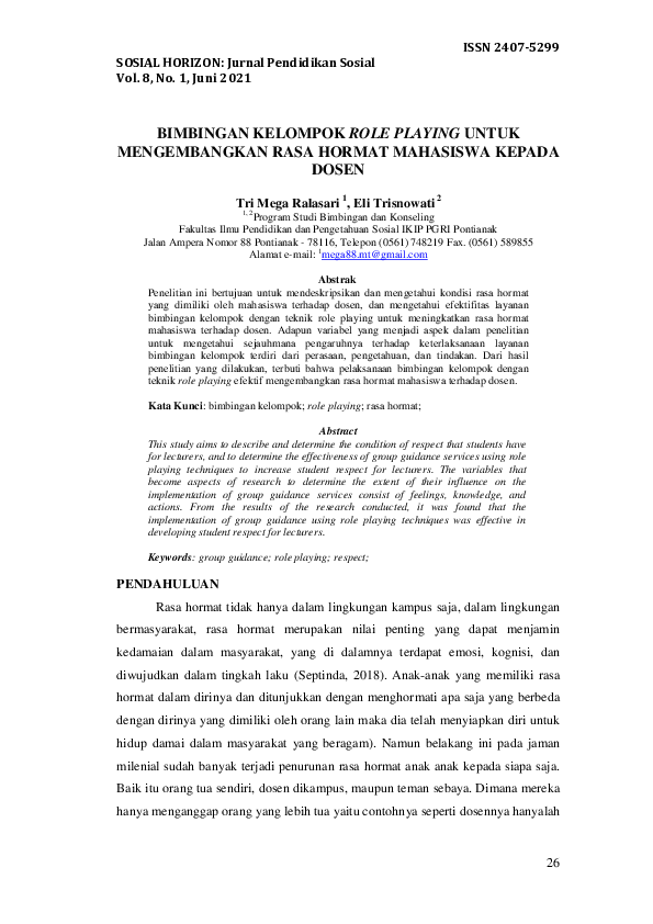 (PDF) Bimbingan Kelompok Role Playing Untuk Mengembangkan Rasa Hormat Mahasiswa Kepada Dosen