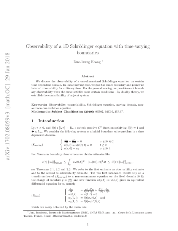 (PDF) Observability of a 1D Schrödinger equation with time-varying boundaries