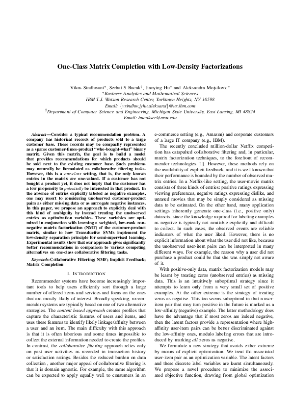 (PDF) One-Class Matrix Completion with Low-Density Factorizations