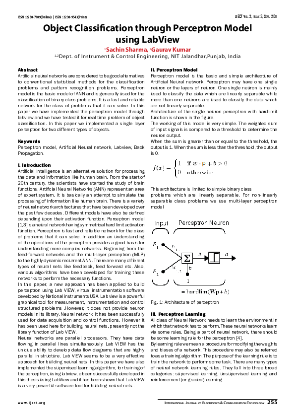 Pdf Object Classification Through Perceptron Model Using Labview