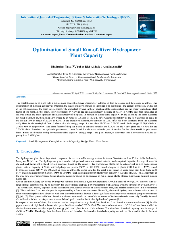 (PDF) Optimization of Small Run-of-River Hydropower Plant Capacity