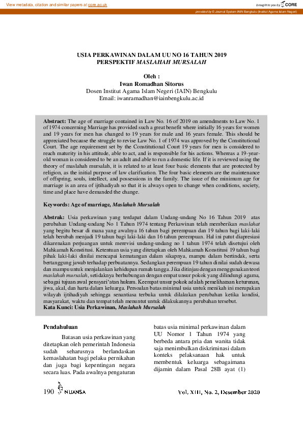 Pdf Usia Perkawinan Dalam Uu No 16 Tahun 2019 Perspektif Maslahah