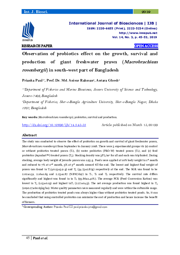 (PDF) Observation of probiotics effect on the growth, survival and production of giant ...