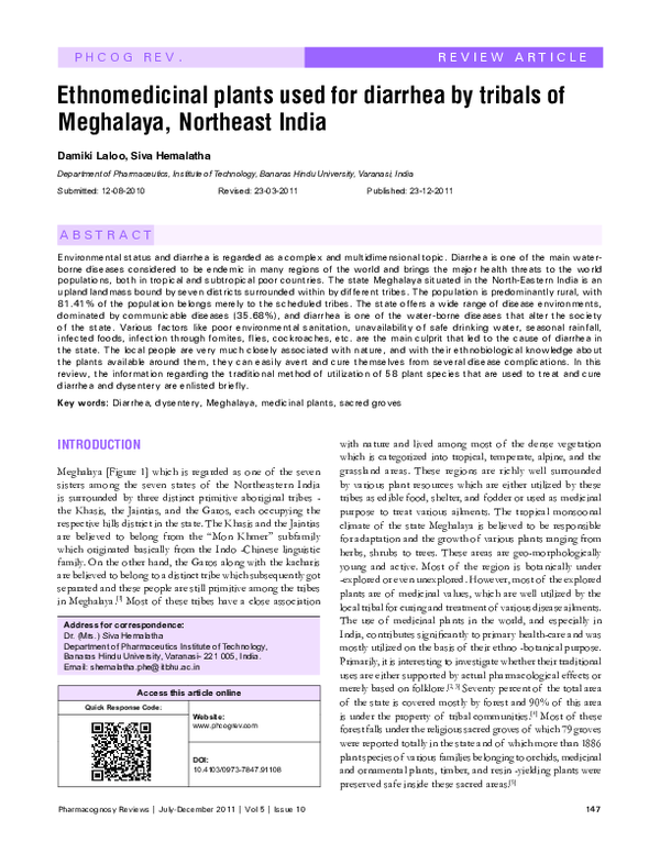 (PDF) Ethnomedicinal plants used for diarrhea by tribals of Meghalaya, Northeast India