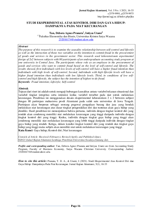 (PDF) Studi Eksperimental atas Kontrol Diri dan Gaya Hidup: Dampaknya pada Niat Kecurangan