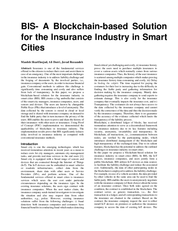 (PDF) BIS- A Blockchain-based Solution for the Insurance Industry in Smart Cities
