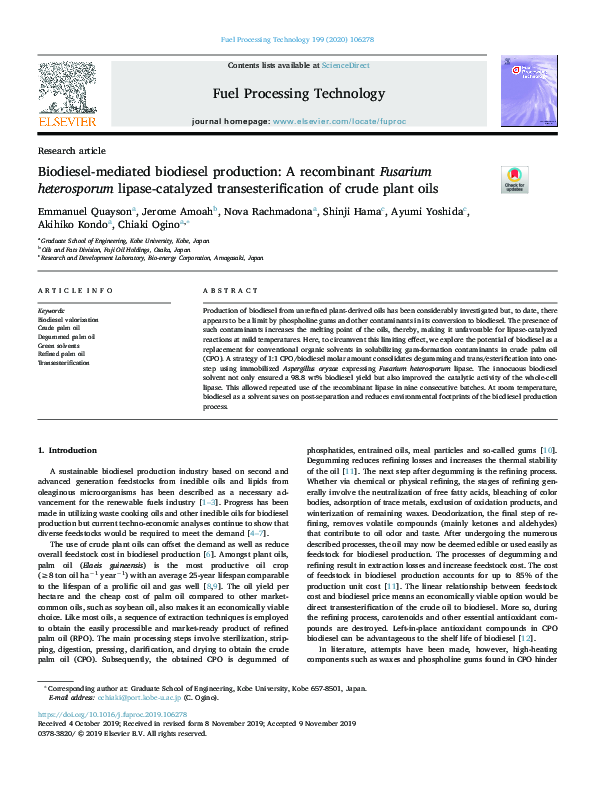 (PDF) Biodiesel-mediated biodiesel production: A recombinant Fusarium ...