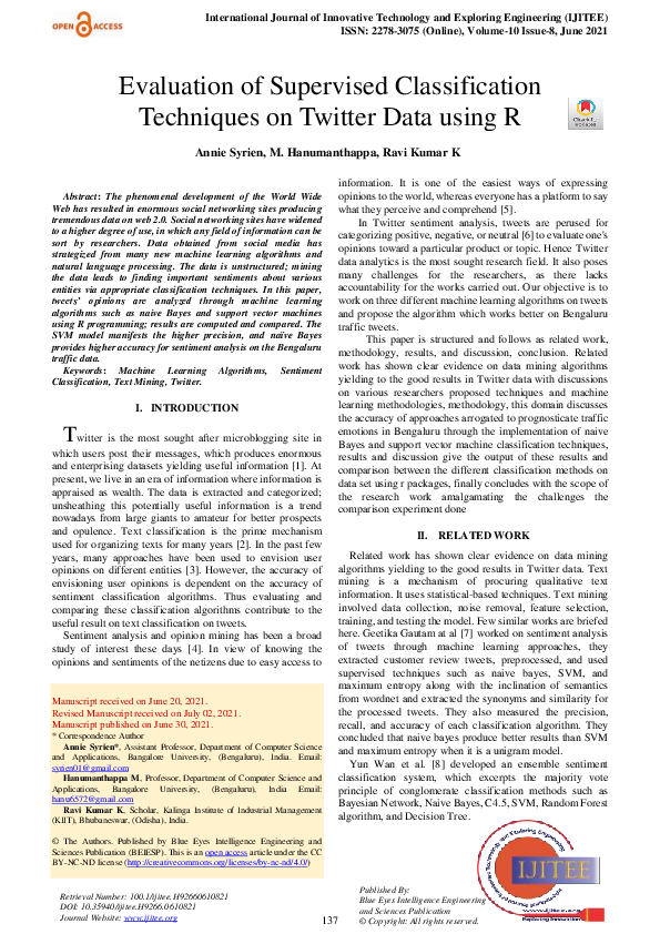 Pdf Evaluation Of Supervised Classification Techniques On Twitter Data Using R