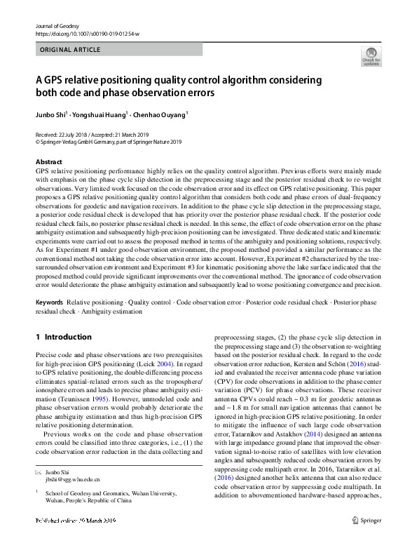 Pdf A Gps Relative Positioning Quality Control Algorithm Considering Both Code And Phase