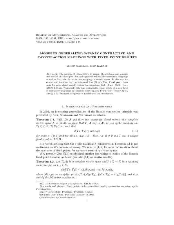 (PDF) Modified Generalized Weakly Contractive and F -Contraction Mappings with Fixed Point Results