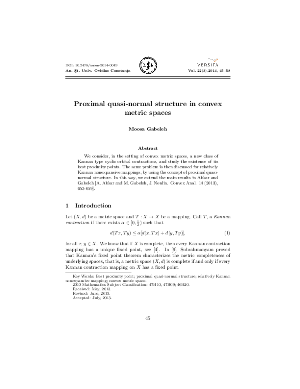 (PDF) Proximal quasi-normal structure in convex metric spaces