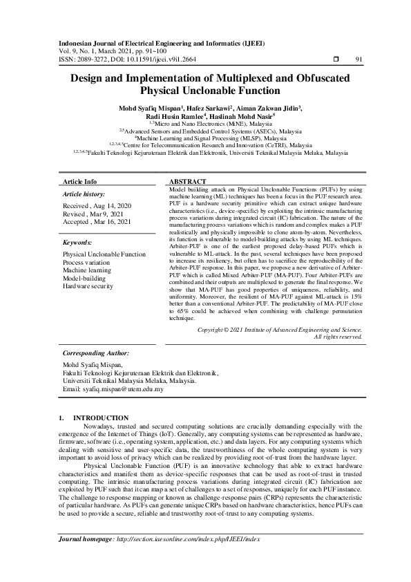 (PDF) Design and Implementation of Multiplexed and Obfuscated Physical Unclonable Function