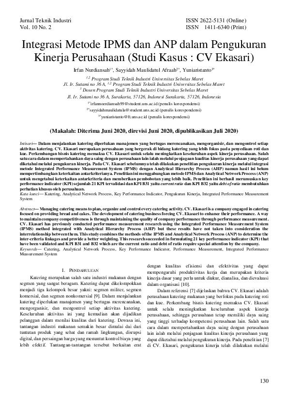 (PDF) Integrasi Metode IPMS dan ANP dalam Pengukuran Kinerja Perusahaan (Studi Kasus : CV ...