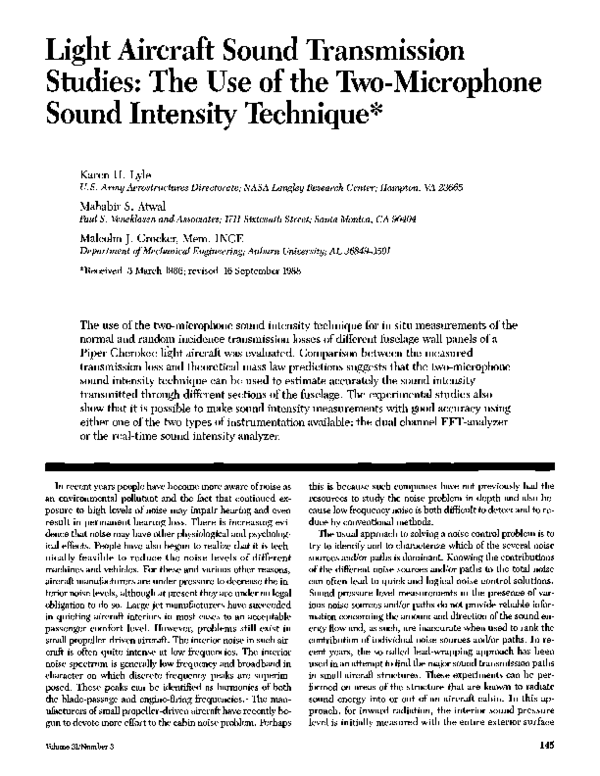 (PDF) Light Aircraft Sound Transmission Studies: The Use of the Two ...