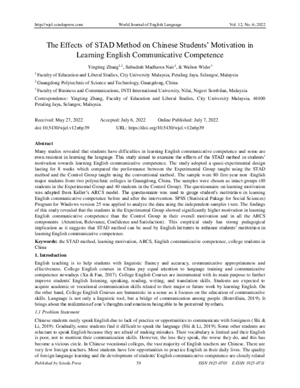 (PDF) The Effects of STAD Method on Chinese Students’ Motivation in ...