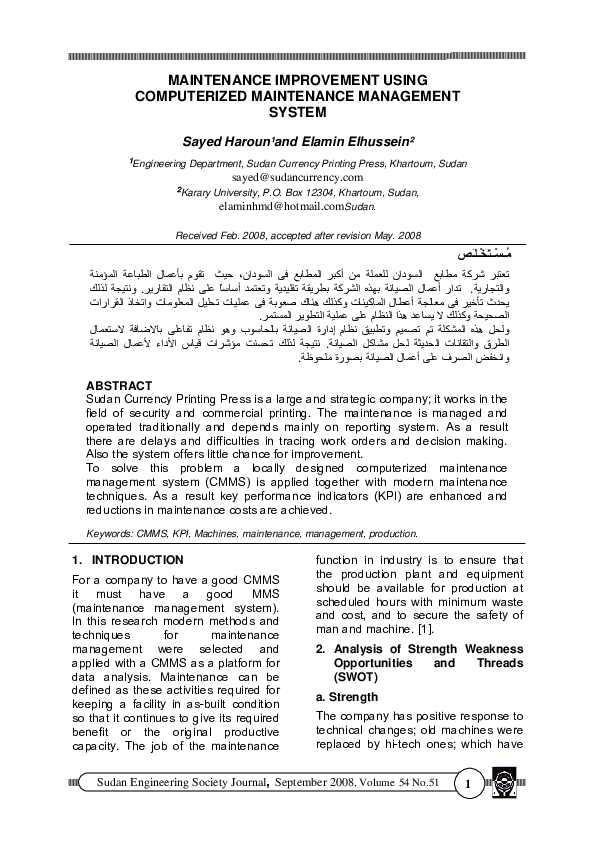 (PDF) Maintenance Improvement Using Computerized Maintenance Management System