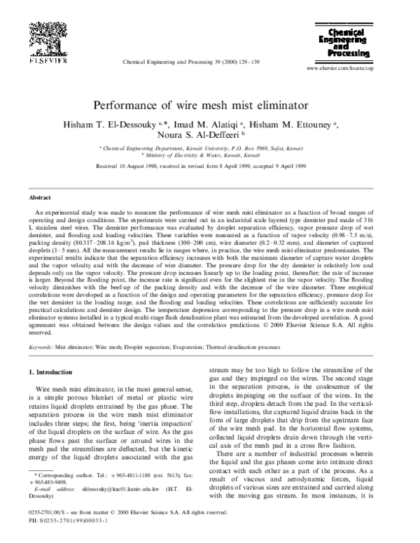 (PDF) Performance of wire mesh mist eliminator