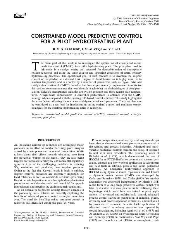 (PDF) Constrained Model Predictive Control for a Pilot Hydrotreating Plant