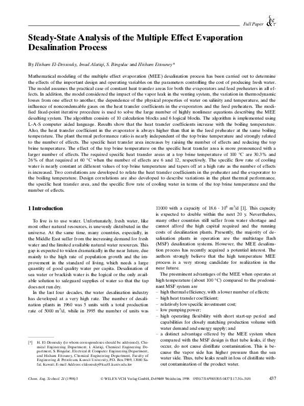 Pdf Steady State Analysis Of The Multiple Effect Evaporation Desalination Process