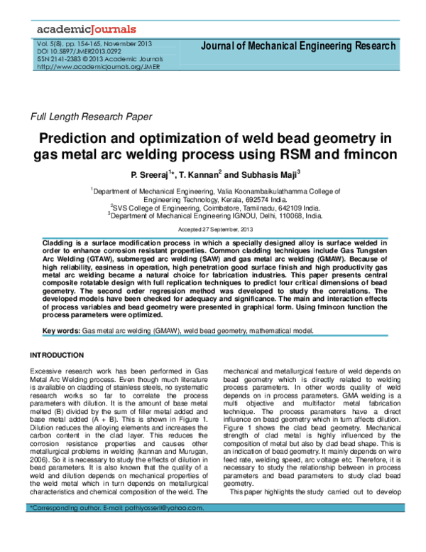 (PDF) Prediction and optimization of weld bead geometry in gas metal arc welding process using ...