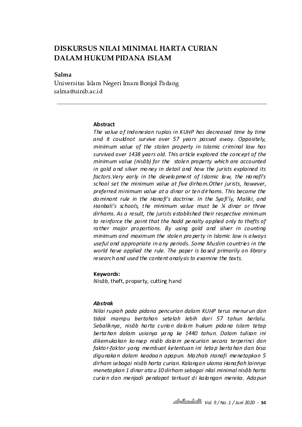 (PDF) Diskursus Nilai Minimal Harta Curian Dalam Hukum Pidana Islam
