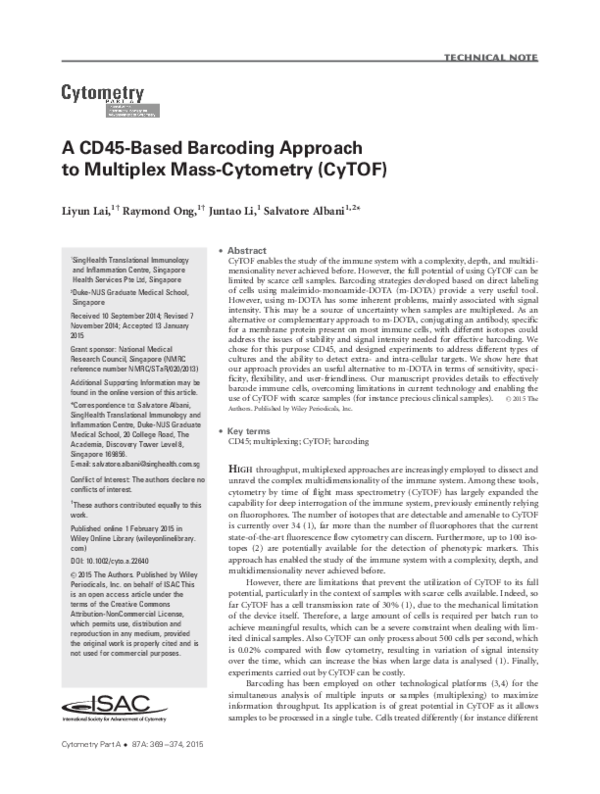(PDF) A CD45‐based barcoding approach to multiplex mass‐cytometry (CyTOF)