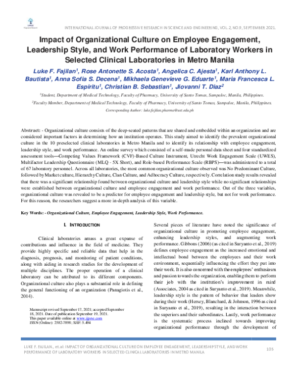 (PDF) Impact of Organizational Culture on Employee Engagement, Leadership Style, and Work ...