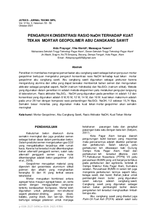 (PDF) Pengaruh Konsentrasi Rasio Naoh Terhadap Kuat Tekan Mortar Geopolimer Abu Cangkang Sawit