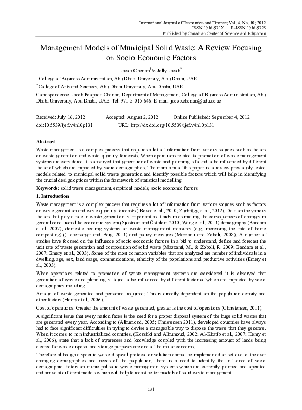 (PDF) Management Models of Municipal Solid Waste: A Review Focusing on ...