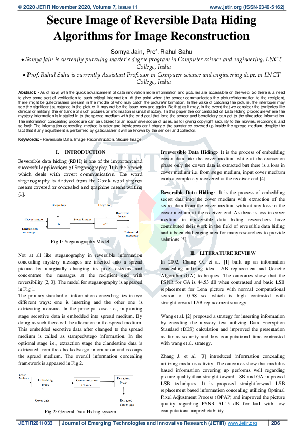 Pdf Secure Image Of Reversible Data Hiding Algorithms For Image Reconstruction Rahul Sahu