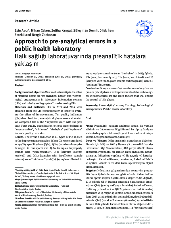 Pdf Approach To Pre Analytical Errors In A Public Health Laboratory