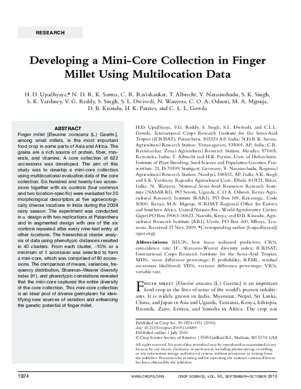 (PDF) Developing a Mini-Core Collection in Finger Millet Using ...
