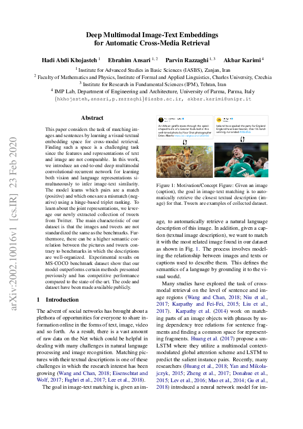 Pdf Deep Multimodal Image Text Embeddings For Automatic Cross Media Retrieval Parvin