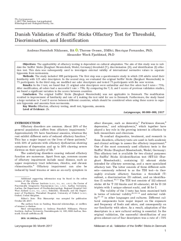 (PDF) Danish validation of sniffin' sticks olfactory test for threshold ...
