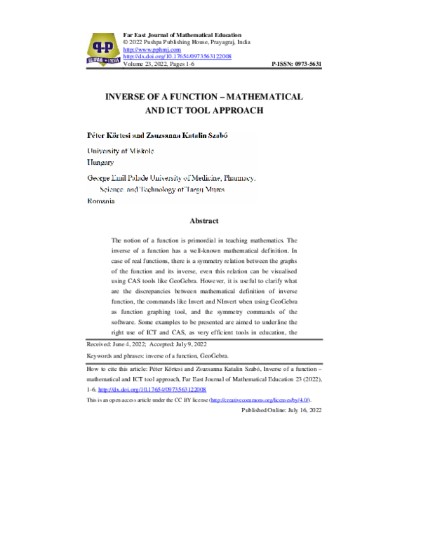 (PDF) Inverse of a Function – Mathematical and Ict Tool Approach