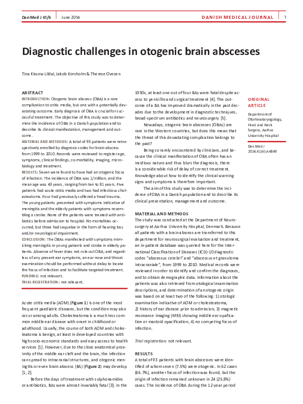 (PDF) Diagnostic challenges in otogenic brain abscesses | Therese ...