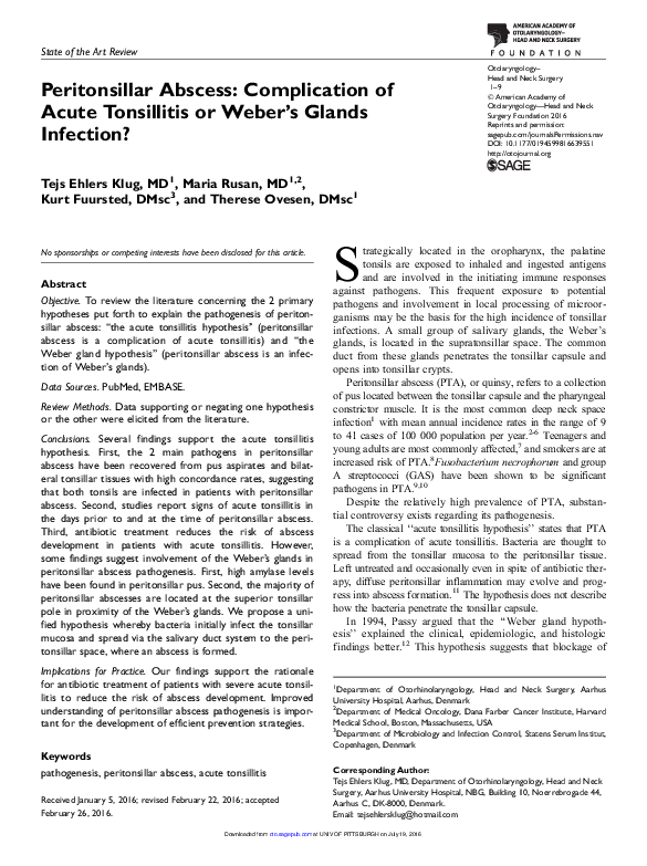 (PDF) Peritonsillar Abscess: Complication of Acute Tonsillitis or Weber ...