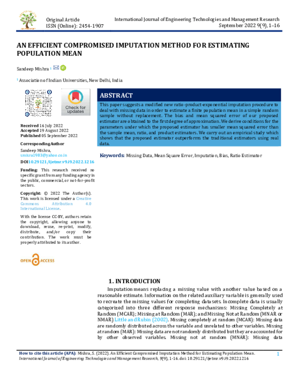 (PDF) AN EFFICIENT COMPROMISED IMPUTATION METHOD FOR ESTIMATING POPULATION MEAN