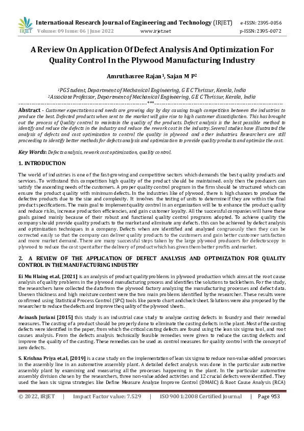 (PDF) A Review On Application Of Defect Analysis And Optimization For Quality Control In the ...