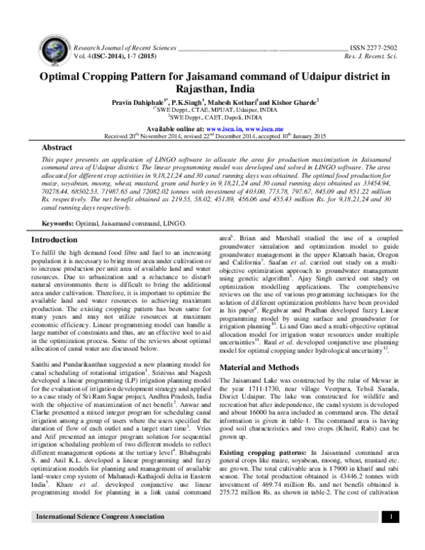 Pdf Optimal Cropping Pattern For Jaisamand Command Of Udaipur