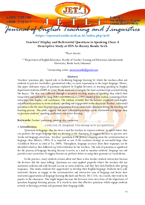 (PDF) Teachers’ Display and Referential Questions in Speaking Class: A ...