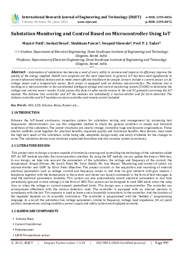 (PDF) Substation Monitoring and Control Based on Microcontroller Using IoT (PDF) Substation Monitoring and Control Based on Microcontroller Using IoT