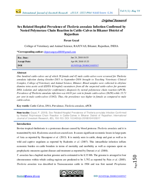 Pdf Sex Related Hospital Prevalence Of Theileria Annulata Infection