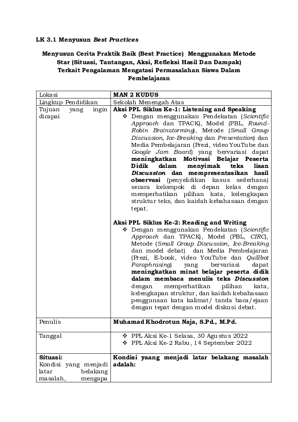 (PDF) LK 3.1 Menyusun Best Practices Menyusun Cerita Praktik Baik (Best ...