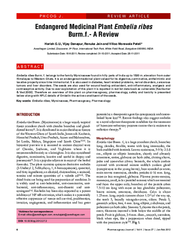 (PDF) Endangered Medicinal Plant Embelia ribes Burm.f.- A Review